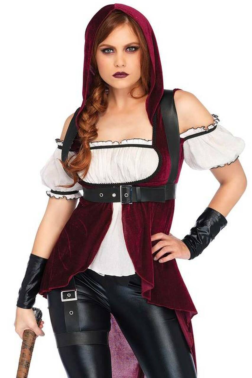 Red Hot Huntress with Hooded Peasant Top in Red Velvet, Wet-Look ...